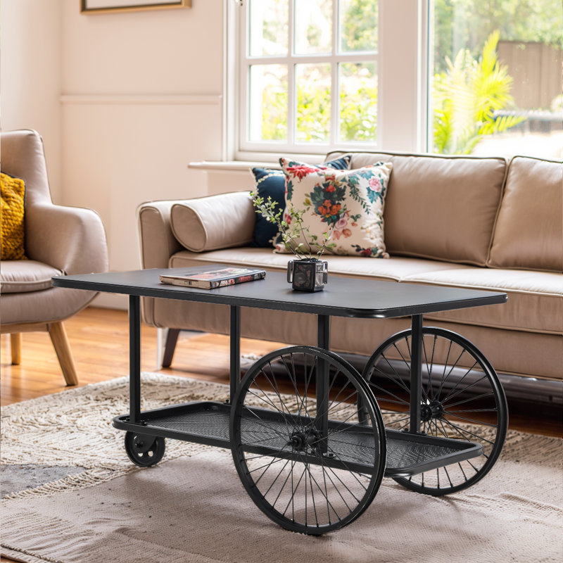 Williston Forge Black Factory Cart Coffee Table Vintage Center Table With Wheels For Living Room Rectangular Metal Farmhouse 39.37 Inches Rustic Black Wayfair